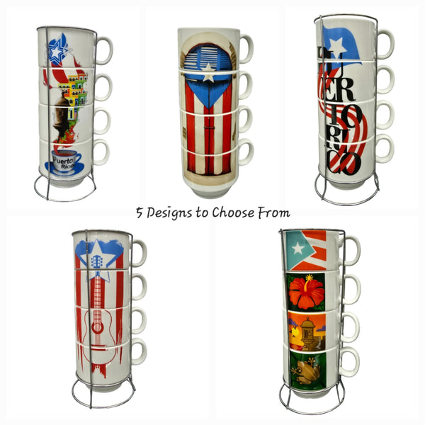 Puerto Rico 4 Cups Set with Metal Holder - Puerto Rico Logo